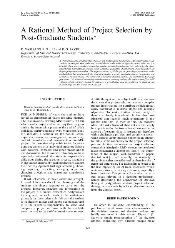 (PDF) A Rational Method of Project Selection by Post-Graduate Students