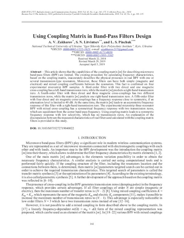 (PDF) Using Coupling Matrix in Band-Pass Filters Design