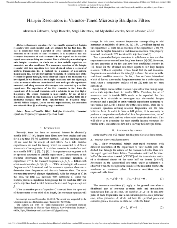 (PDF) Hairpin Resonators in Varactor-Tuned Microstrip Bandpass Filters