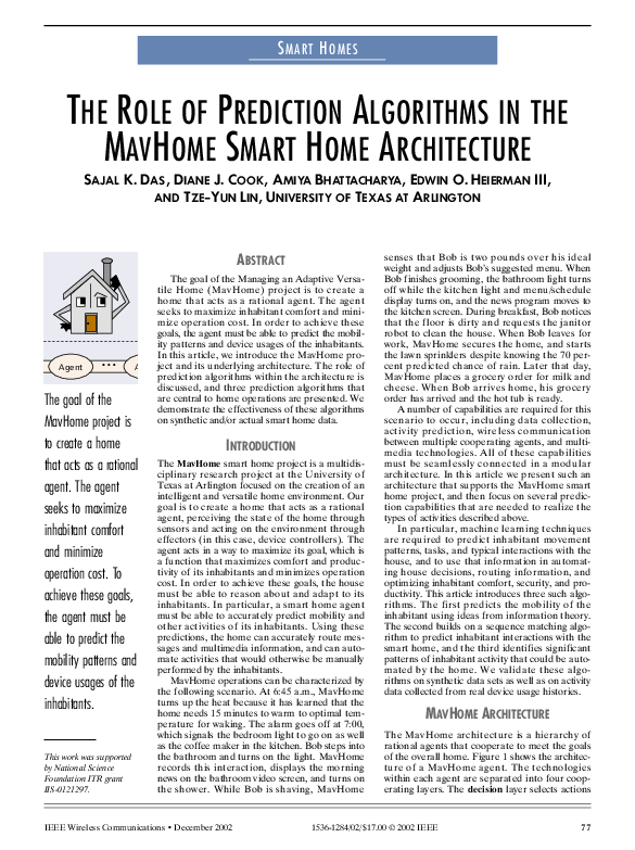 (PDF) The role of prediction algorithms in the MavHome smart home architecture