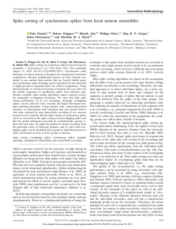 (PDF) Spike Sorting of Synchronous Spikes from Local Neuron Ensembles