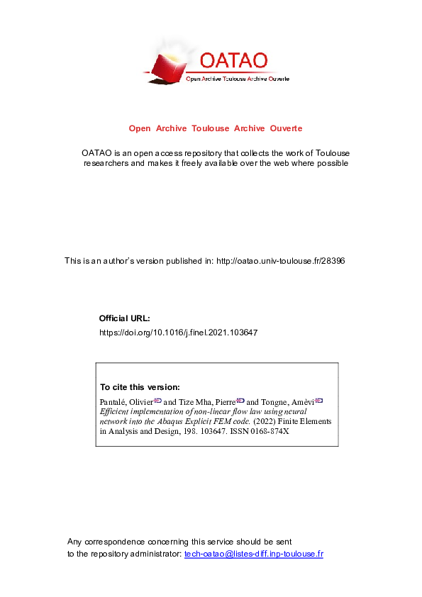 (PDF) Efficient implementation of non-linear flow law using neural network into the Abaqus ...