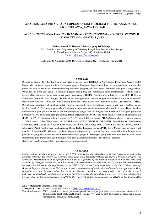 (PDF) Stakeholder Analysis of Implementation of Social Forestry Program at KPH Telawa, Central Java