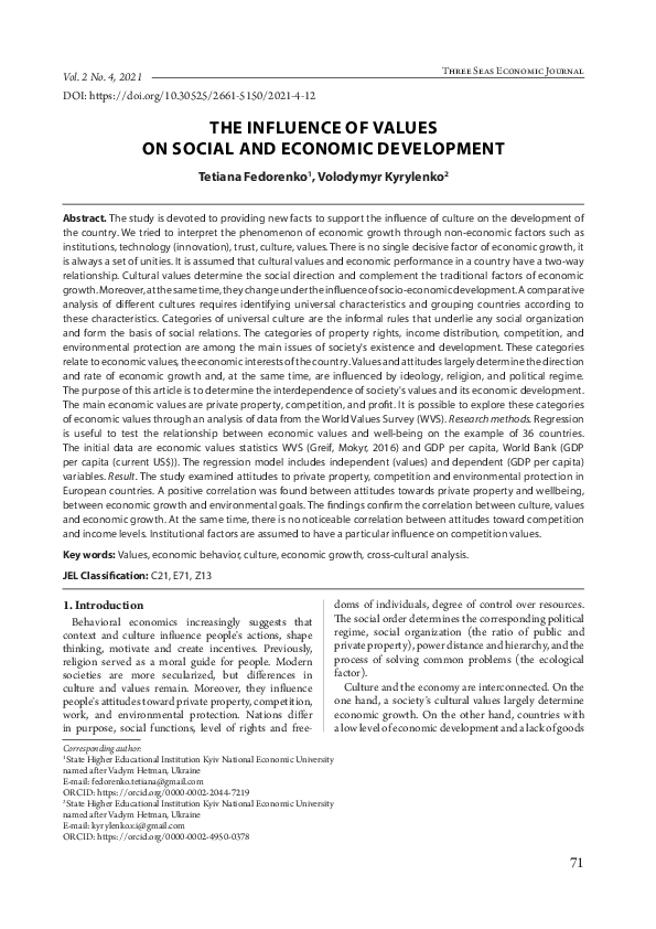 (PDF) The Influence of Values on Social and Economic Development