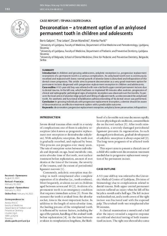 (PDF) Decoronation - a treatment option of an ankylosed permanent tooth ...