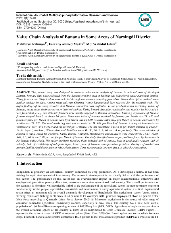 (PDF) Value Chain Analysis of Banana in Some Areas of Narsingdi District