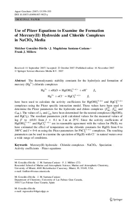 (PDF) Use of Pitzer Equations to Examine the Formation of Mercury(II ...