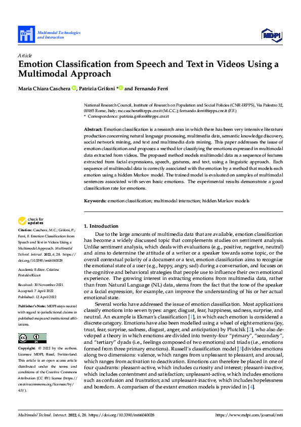 (PDF) Emotion Classification from Speech and Text in Videos Using a Multimodal Approach | Maria ...