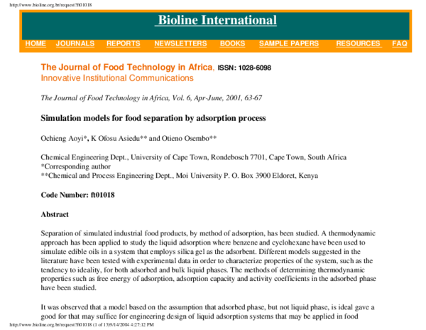 (PDF) Simulation models for food separation by adsorption process