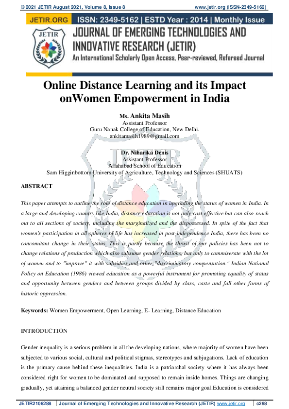 (PDF) Online Distance Learning and its Impact on Women Empowerment in India