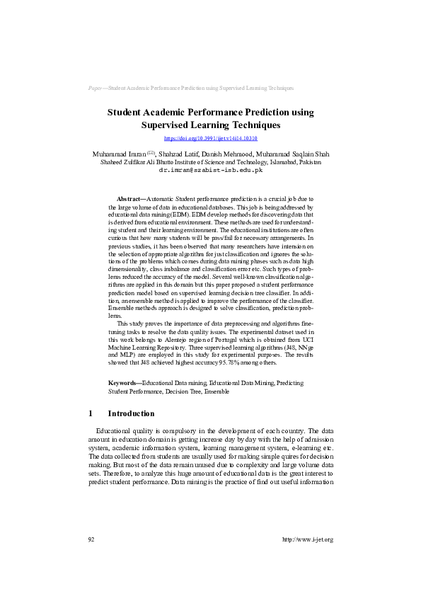 (PDF) Student Academic Performance Prediction using Supervised Learning Techniques