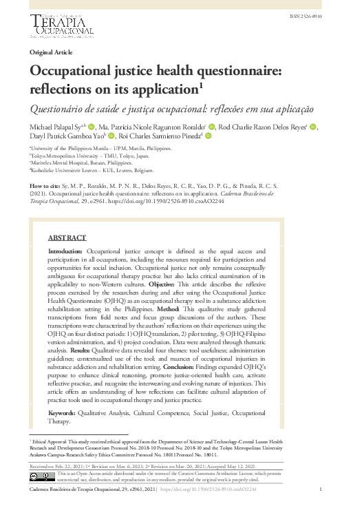 (PDF) Occupational justice health questionnaire: reflections on its ...