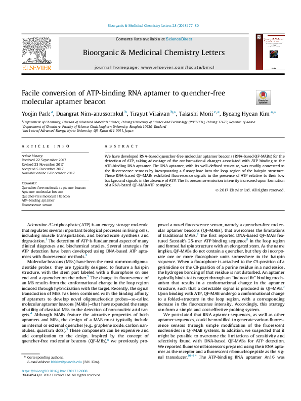 (PDF) Facile conversion of ATP-binding RNA aptamer to quencher-free ...