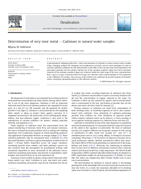 (PDF) Determination of very toxic metal — Cadmium in natural water samples