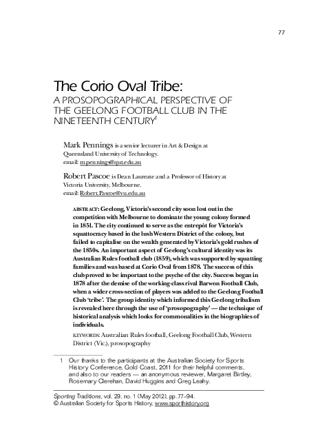(PDF) The Corio Oval tribe: Geelong Football Club in colonial times