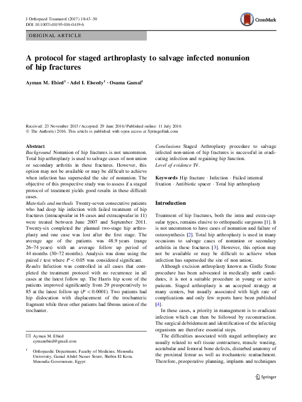 (PDF) A protocol for staged arthroplasty to salvage infected nonunion ...