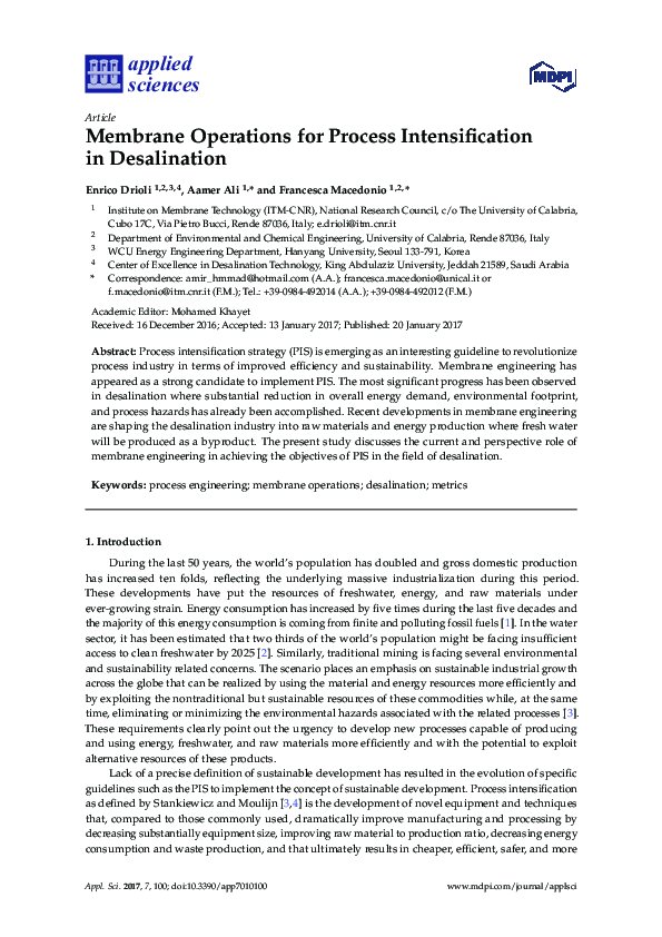 (PDF) Membrane Operations for Process Intensification in Desalination