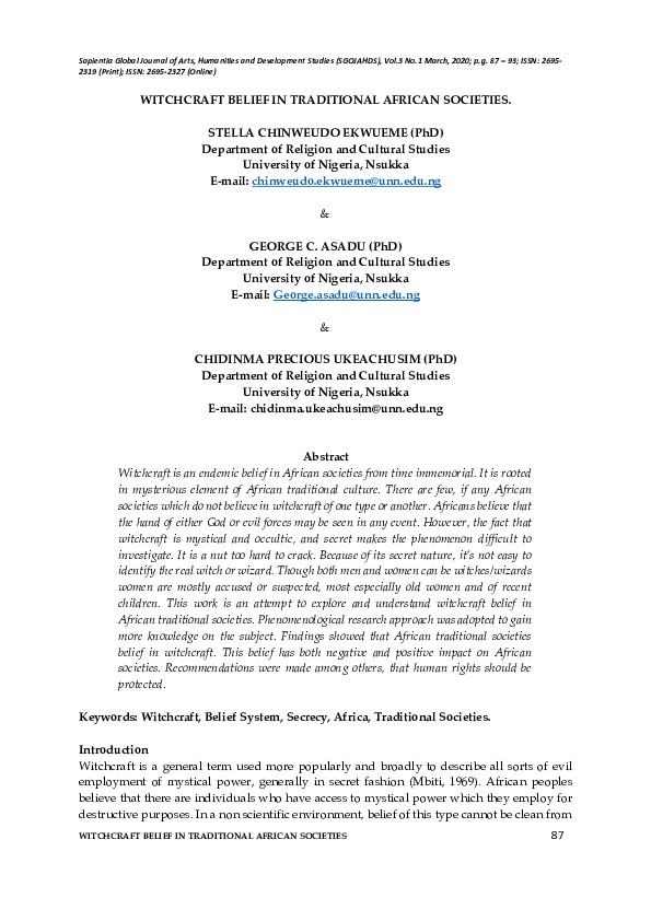 (PDF) Witchcraft Belief in Traditional African Societies