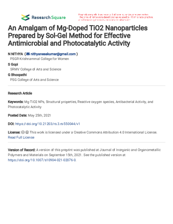 (PDF) An Amalgam of Mg-Doped TiO2 Nanoparticles Prepared by Sol–Gel ...
