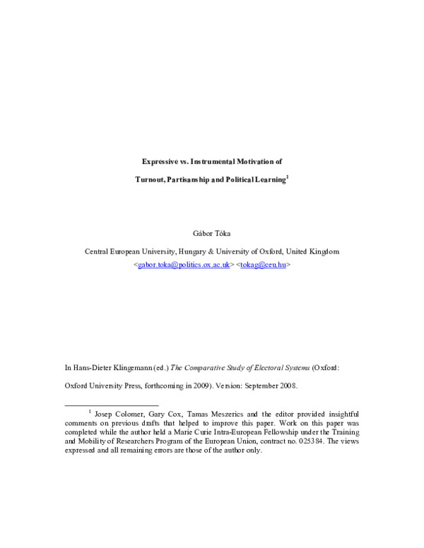 (PDF) Expressive vs. Instrumental Motivation of Turnout, Partisanship ...