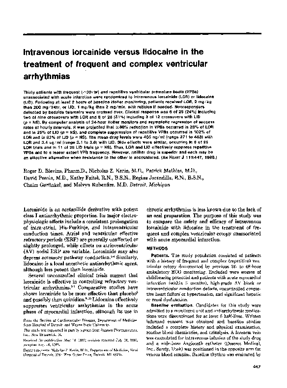 (PDF) Intravenous lorcainide versus lidocaine in the treatment of frequent and complex ...