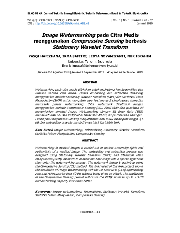 (PDF) Image Watermarking pada Citra Medis menggunakan Compressive Sensing berbasis Stationary ...
