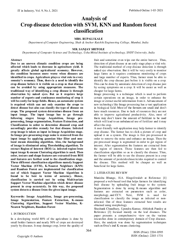(PDF) Analysis of Crop disease detection with SVM, KNN and Random ...