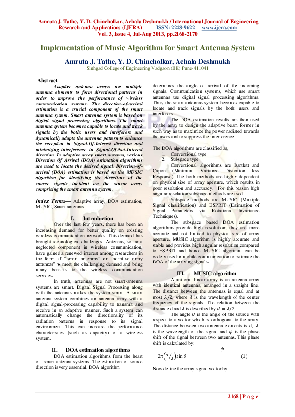 Pdf Implementation Of Music Algorithm For Smart Antenna System