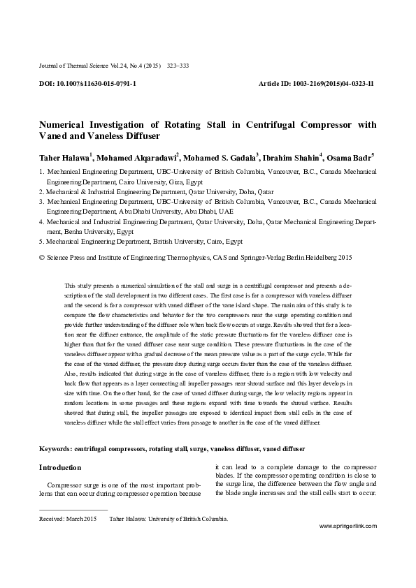 Pdf Numerical Investigation Of Rotating Stall In Centrifugal Compressor With Vaned And