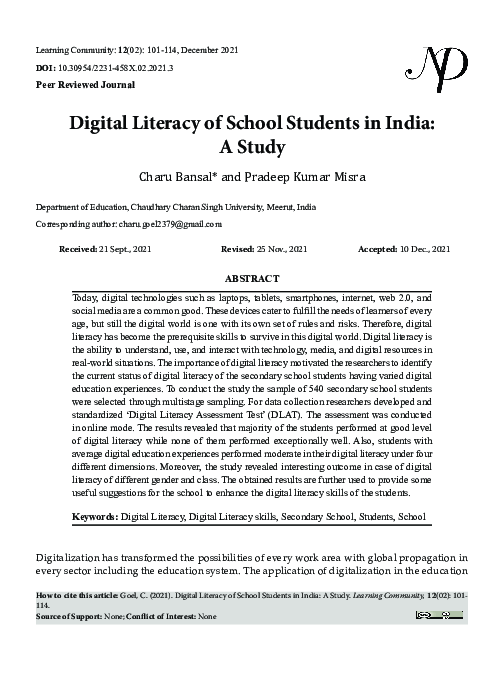 (PDF) Digital Literacy of School Students in India: A Study