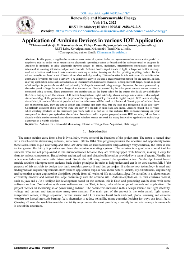 Pdf Application Of Arduino Devices In Various Iot Application