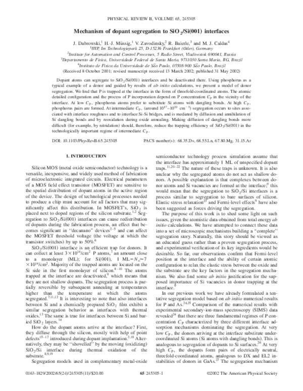 (PDF) Mechanism of dopant segregation to SiO2/Si(001) interfaces ...