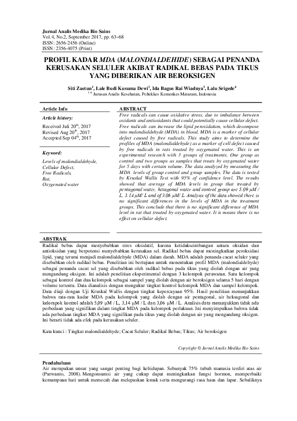 (PDF) Profil Kadar Mda (Malondialdehide) Sebagai Penanda Kerusakan Seluler Akibat Radikal Bebas ...