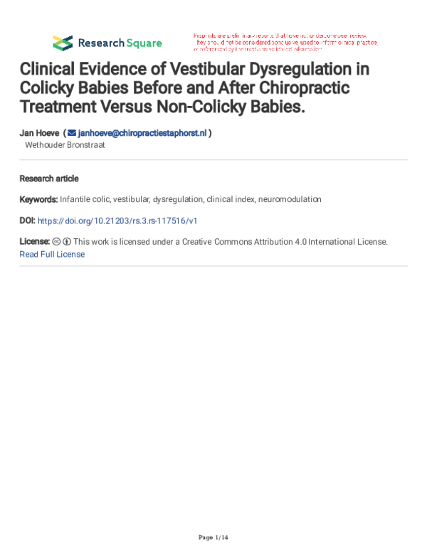 (PDF) Clinical Evidence of Vestibular Dysregulation in Colicky Babies ... (PDF) Clinical Evidence of Vestibular Dysregulation in Colicky Babies ...