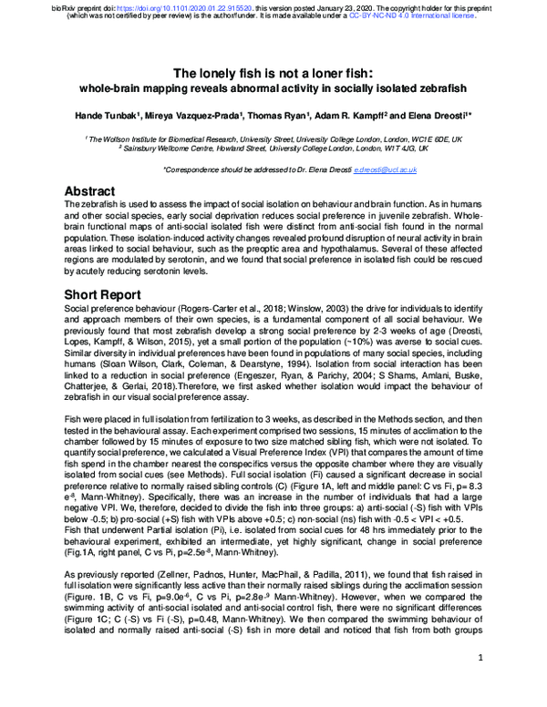(PDF) The lonely fish is not a loner fish: whole-brain mapping reveals ...