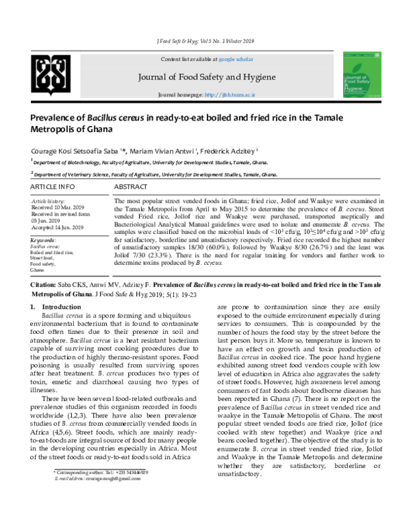 (PDF) Prevalence of Bacillus cereus in ready-to-eat boiled and fried ...