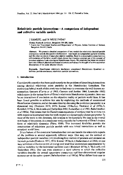 (PDF) Relativistic particle interactions—A comparison of independent and collective variable models