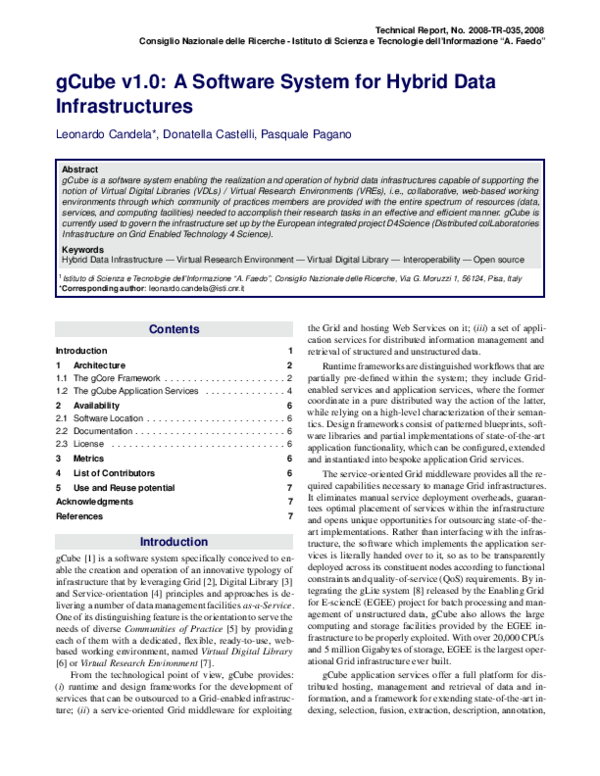 (PDF) gCube v1.0: A Software System for Hybrid Data Infrastructures
