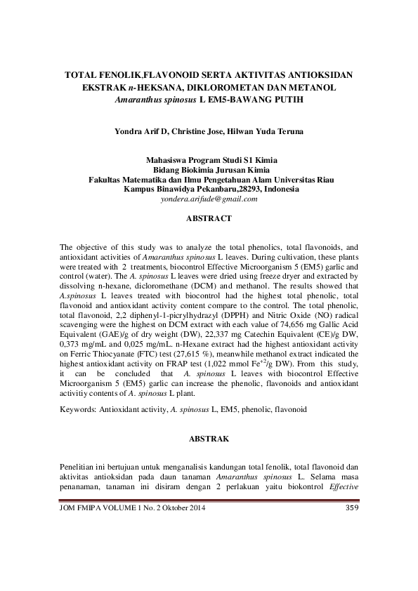 (PDF) TOTAL FENOLIK,FLAVONOID SERTA AKTIVITAS ANTIOKSIDAN EKSTRAK n-HEKSANA, DIKLOROMETAN DAN ...