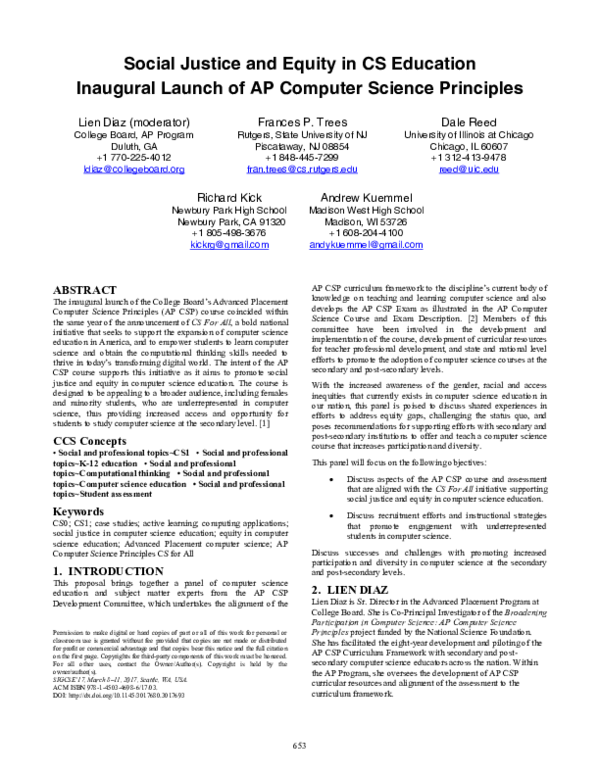(PDF) Social Justice and Equity in CS Education | Frances Trees ...