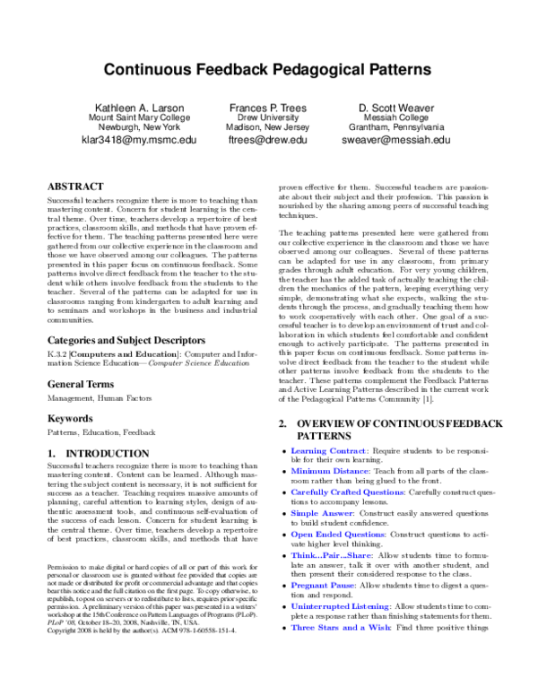 (PDF) Continuous feedback pedagogical patterns