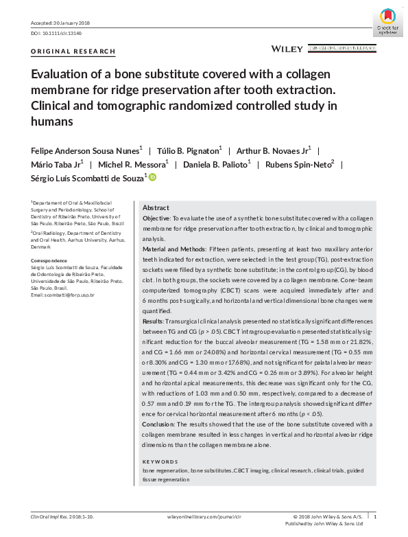 (PDF) Evaluation of a bone substitute covered with a collagen membrane for ridge preservation ...