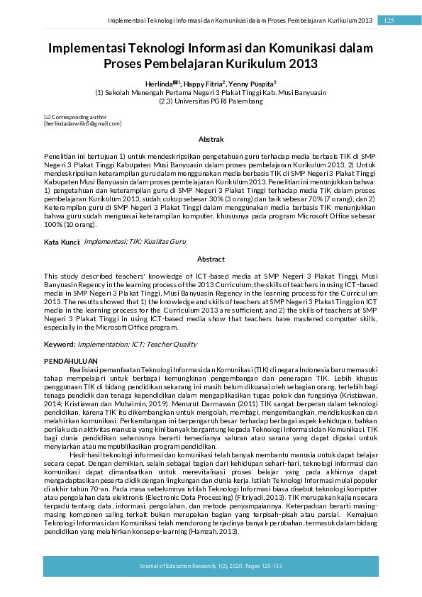 (PDF) Implementasi Teknologi Informasi dan Komunikasi dalam Proses Pembelajaran Kurikulum 2013