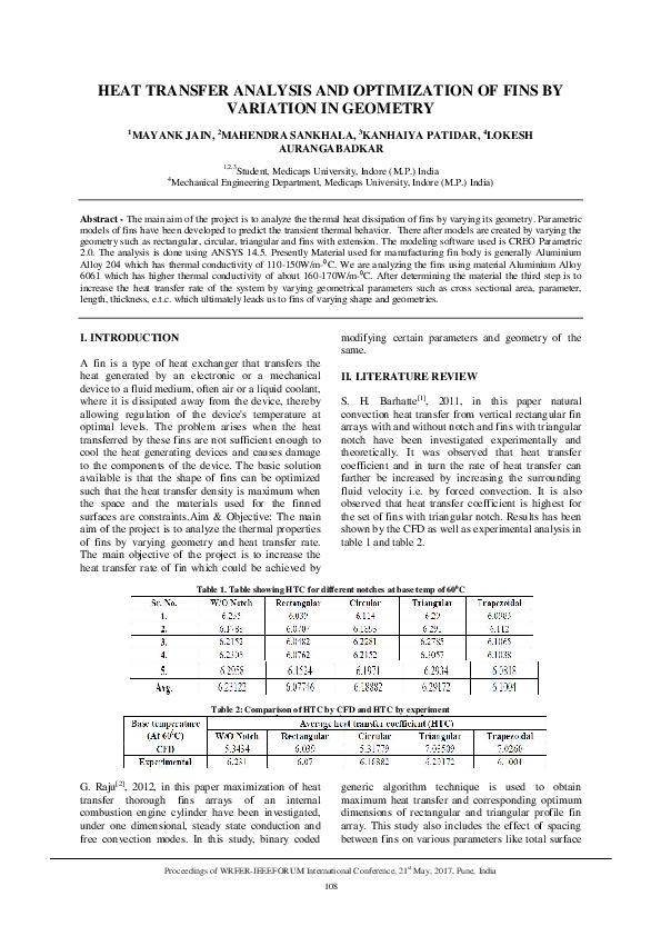 (PDF) Heat Transfer Analysis and Optimization of Fins by Variation in Geometry