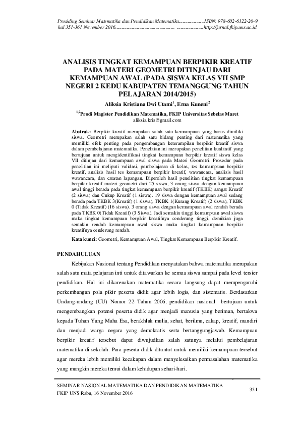 (PDF) Analisis Tingkat Kemampuan Berpikir Kreatif Pada Materi Geometri Ditinjau Dari Kemampuan ...