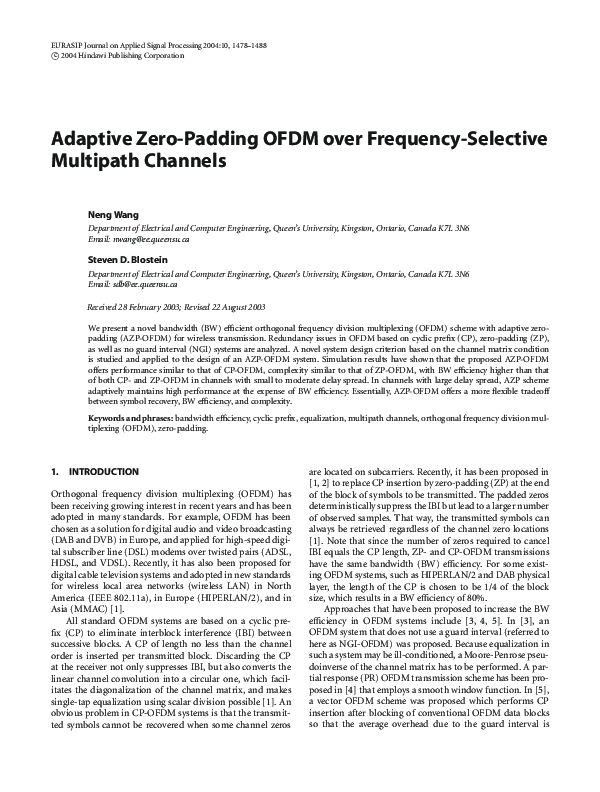 (PDF) Adaptive Zero-Padding OFDM over Frequency-Selective Multipath ...