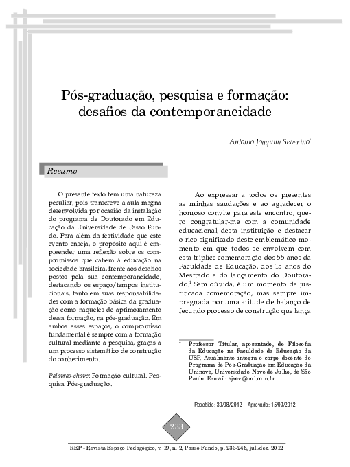 (PDF) Pós-graduação, pesquisa e formação: desafios da contemporaneidade