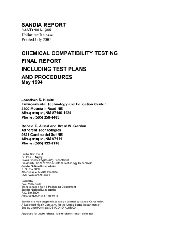 (PDF) Chemical Compatibility Testing Final Report Including Test Plans ...