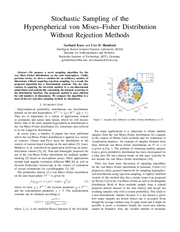 (PDF) Stochastic sampling of the hyperspherical von mises–fisher distribution without rejection ...