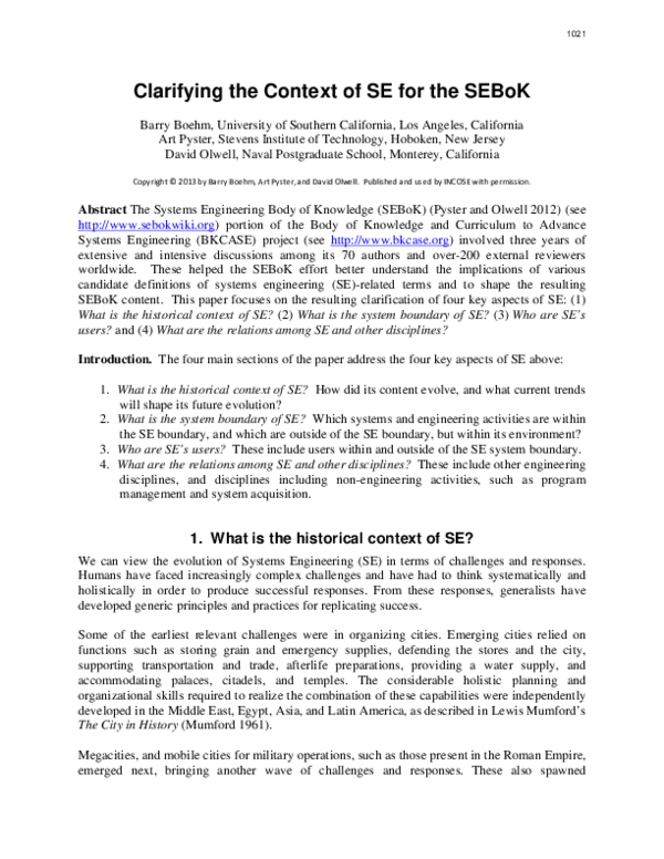 (PDF) Clarifying the Context of SE for the SEBoK
